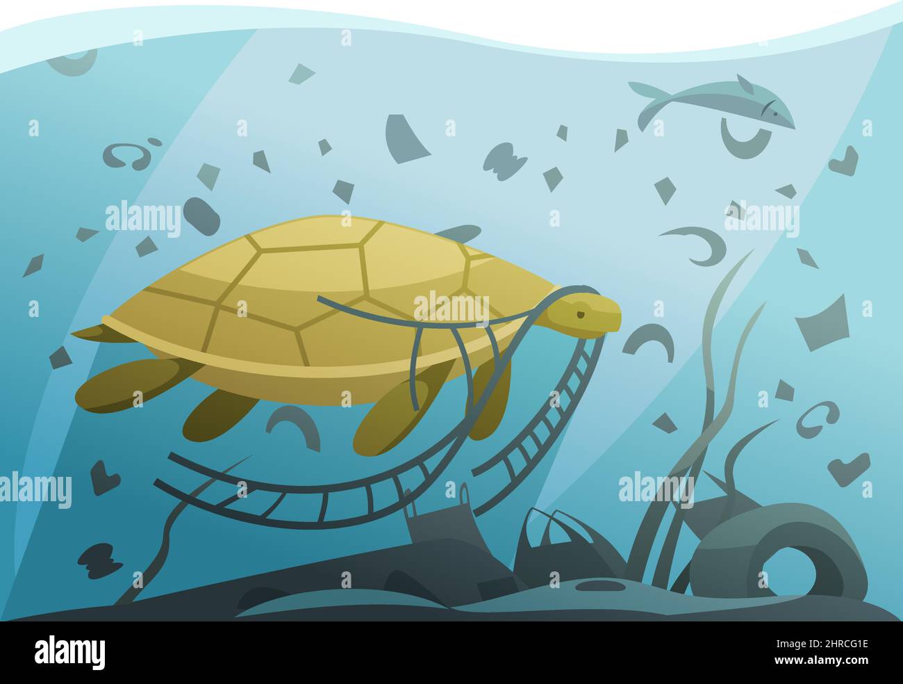Nature water pollution composition with view of turtle floating through ...