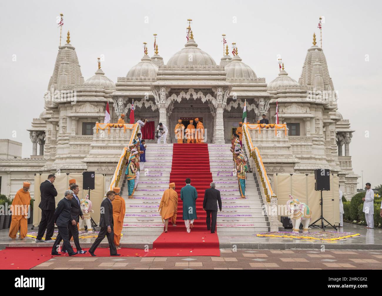 Prime Minister Justin Trudeau, centre, arrives at the BAPS Shri ...