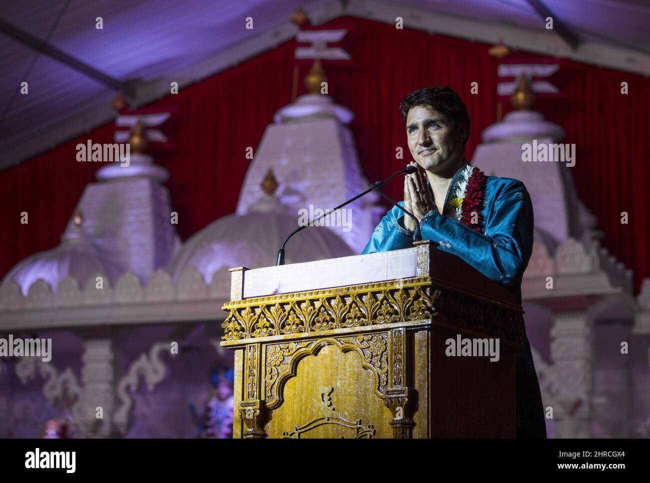 Prime Minister Justin Trudeau speaks as he visits the BAPS Shri ...