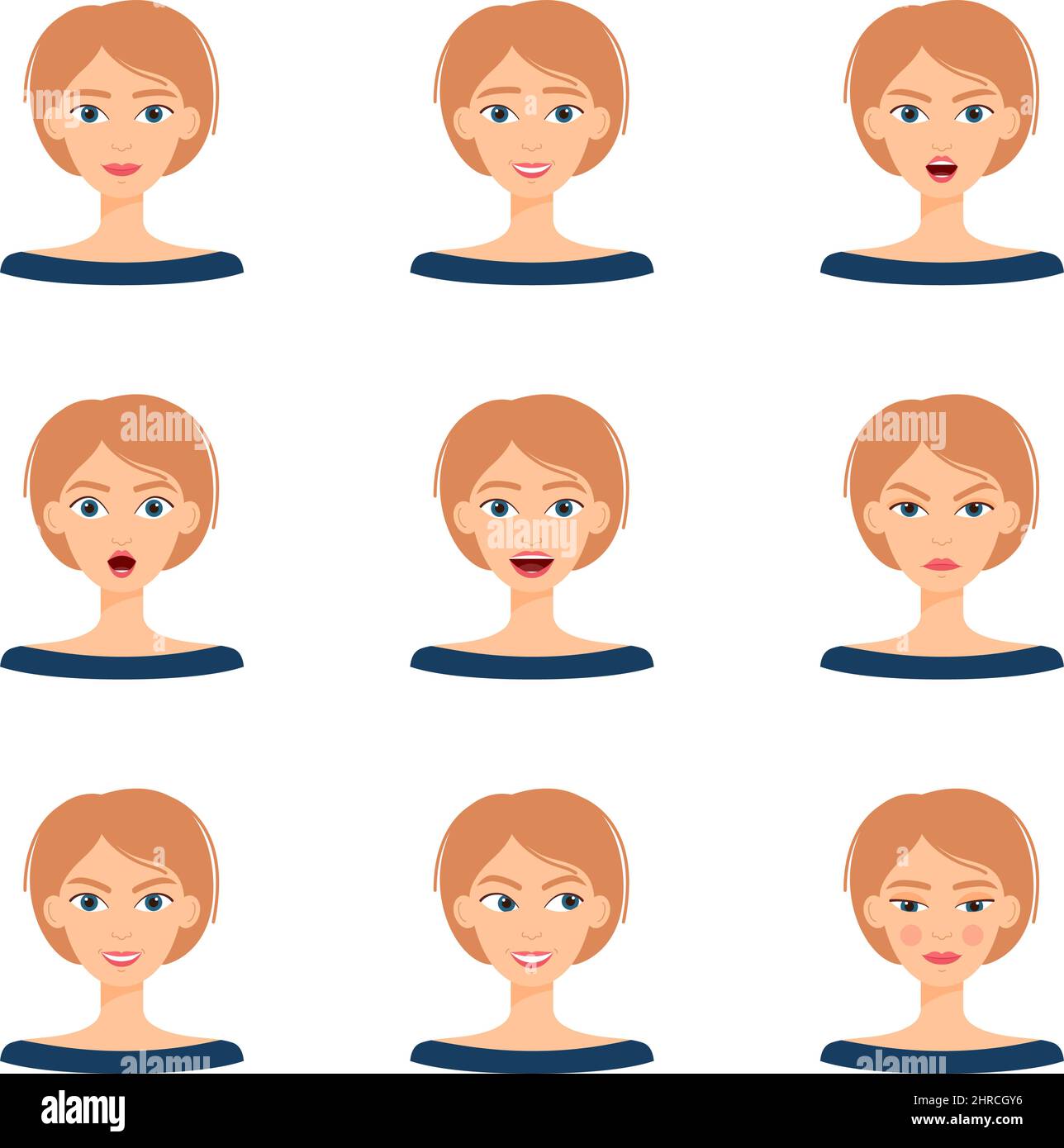 Set of emotions of beautiful blonde girl. Set of different female ...