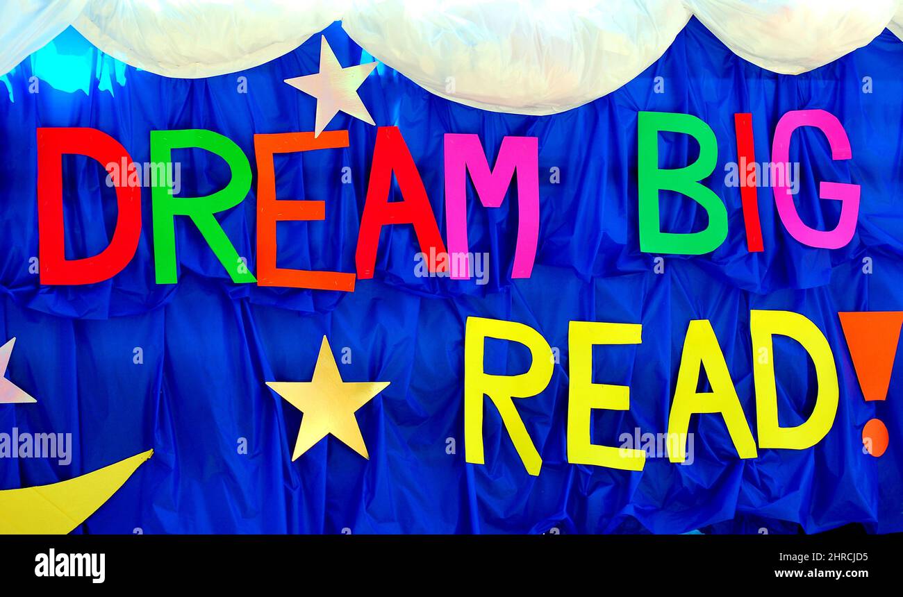 Dream Big Read text on a blue curtain Stock Photo - Alamy
