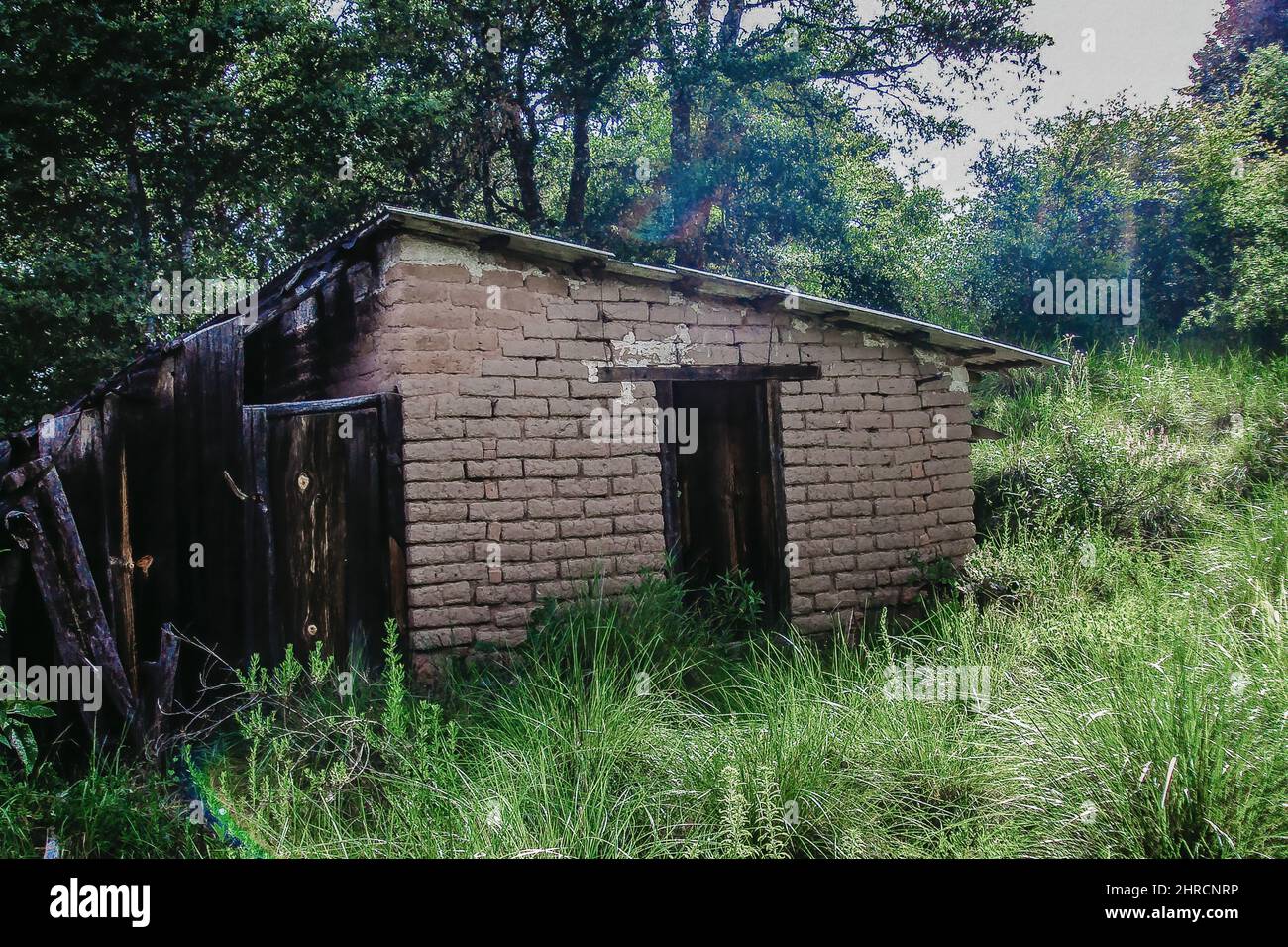 Old abandoned hut with brick walls and burnt side with wooden fence ...