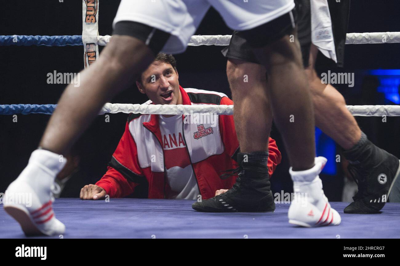 Prime Minister Justin Trudeau looks on during a charity boxing event in ...