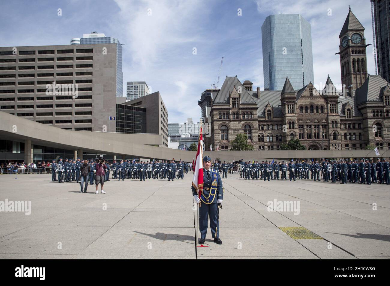 A member of the RCAF stands with the RCAF's new Queen's colour during a ...
