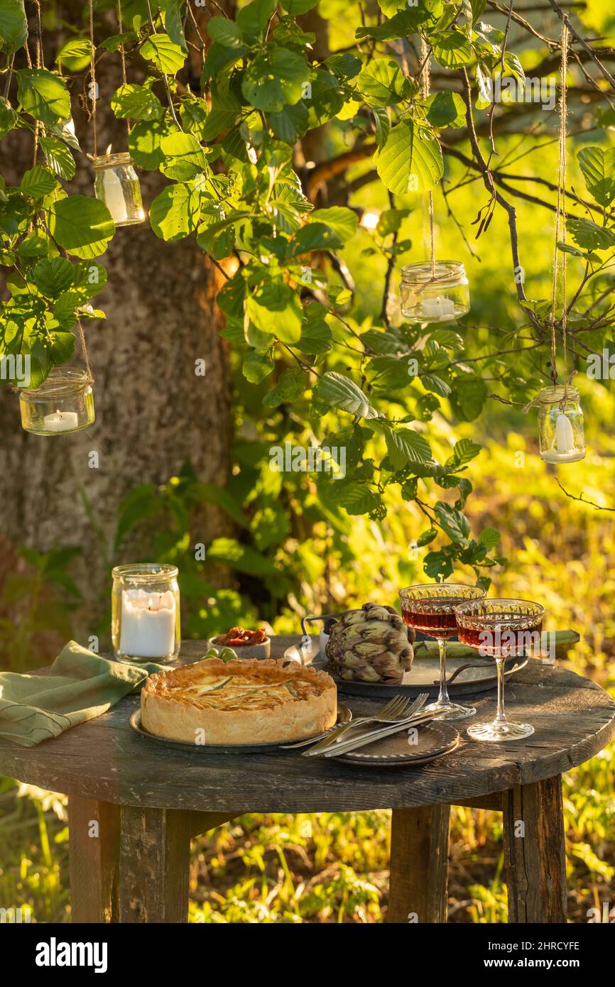 Golden organic healthy crispy pie quiche with artichokes, dried ...
