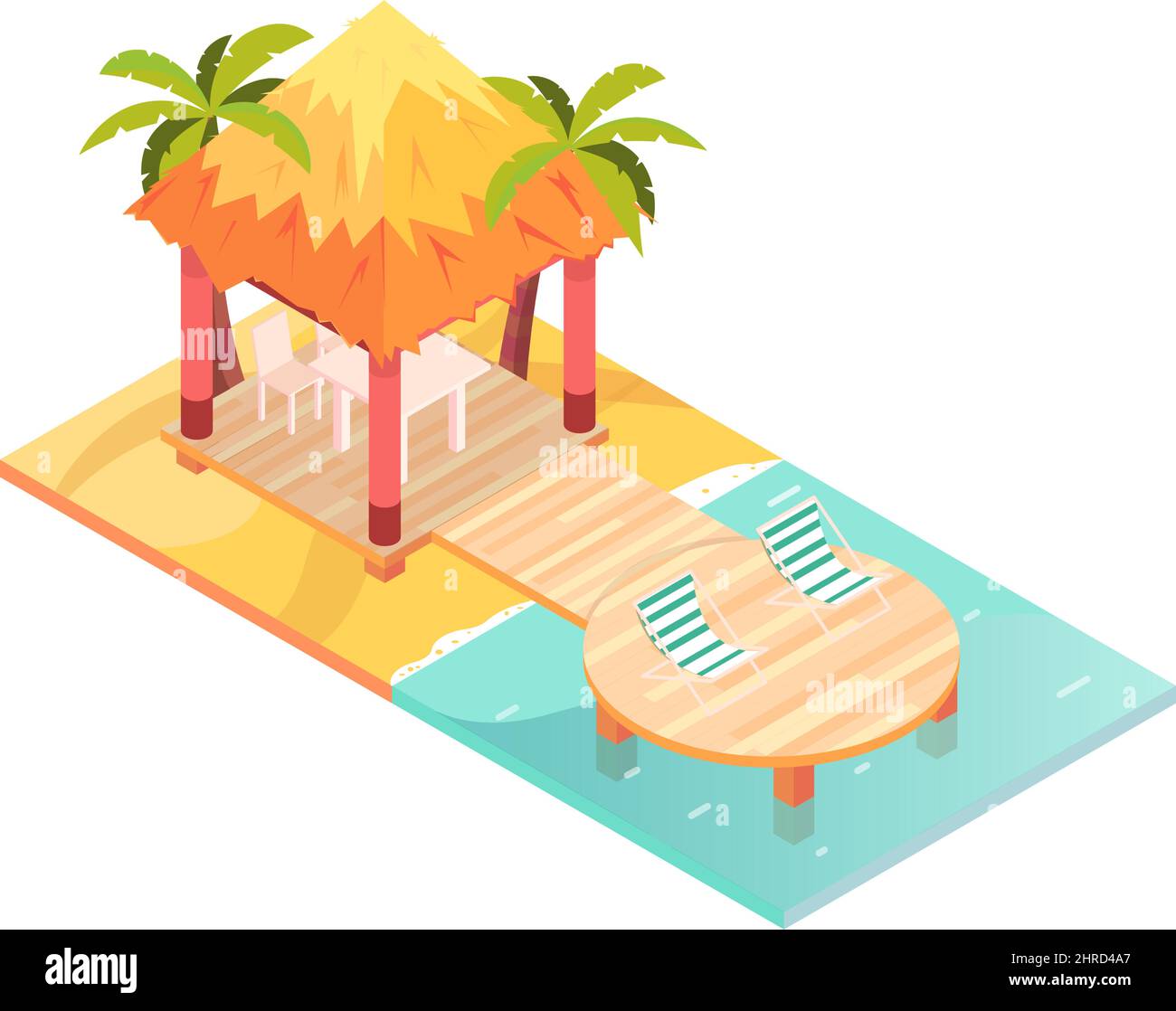 Isometric icon with gazebo and lounges on seashore for tropical rest 3d ...