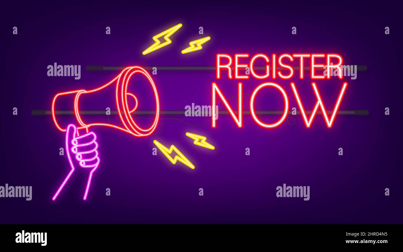 Megaphone label with register now. Neon icon. Web design. Vector stock ...