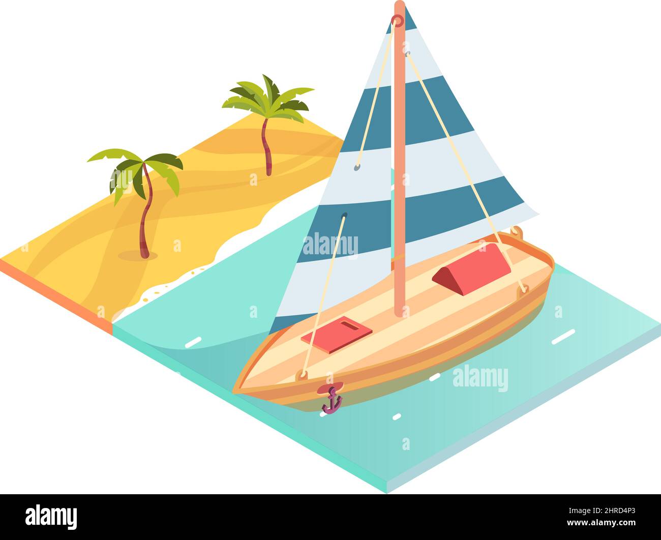 Tropical rest isometric icon with sandy beach and sailboat on water 3d ...