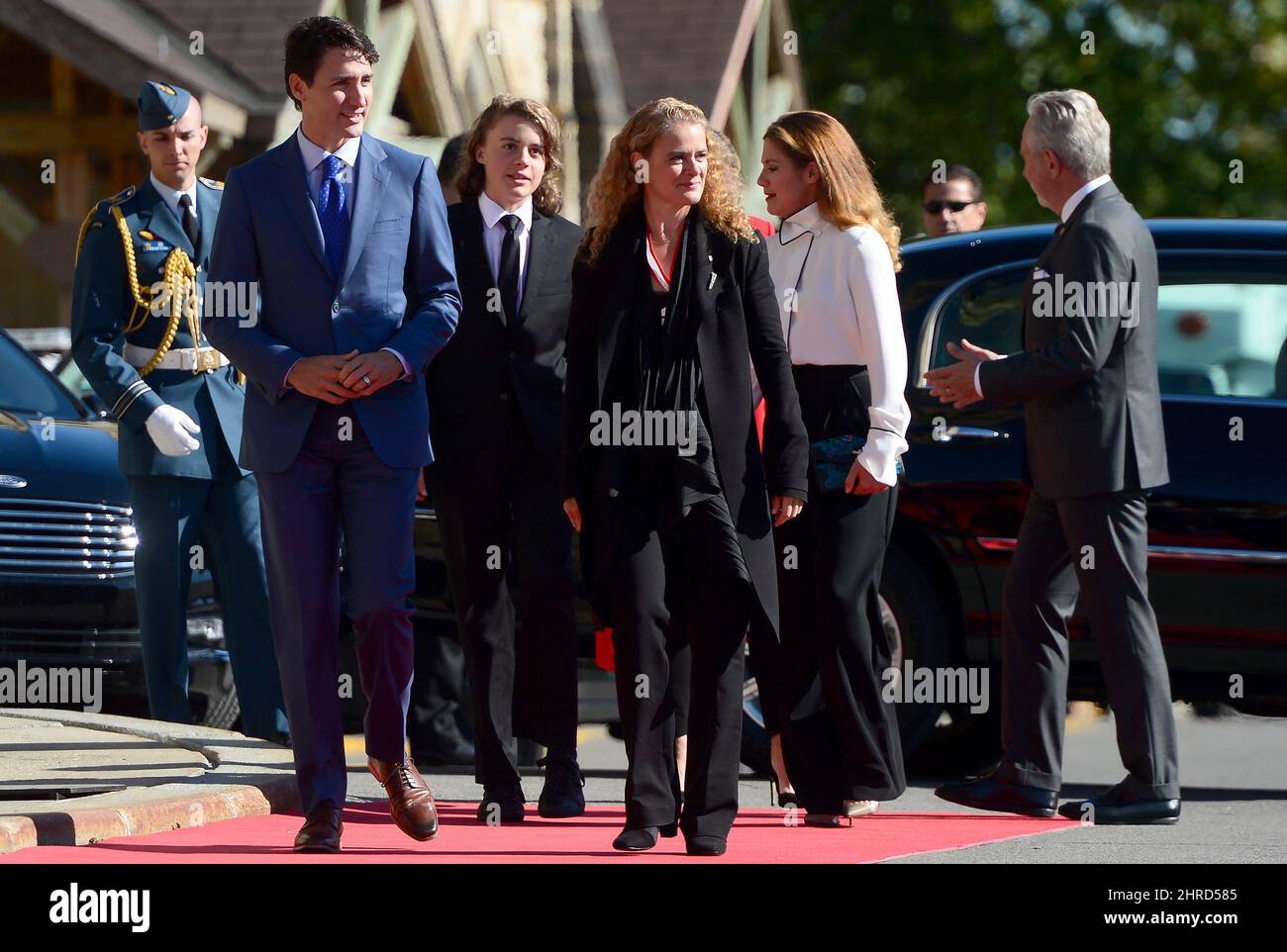 Governor General Designate Julie Payette walks with Prime Minister Justin Tudeau towards ...