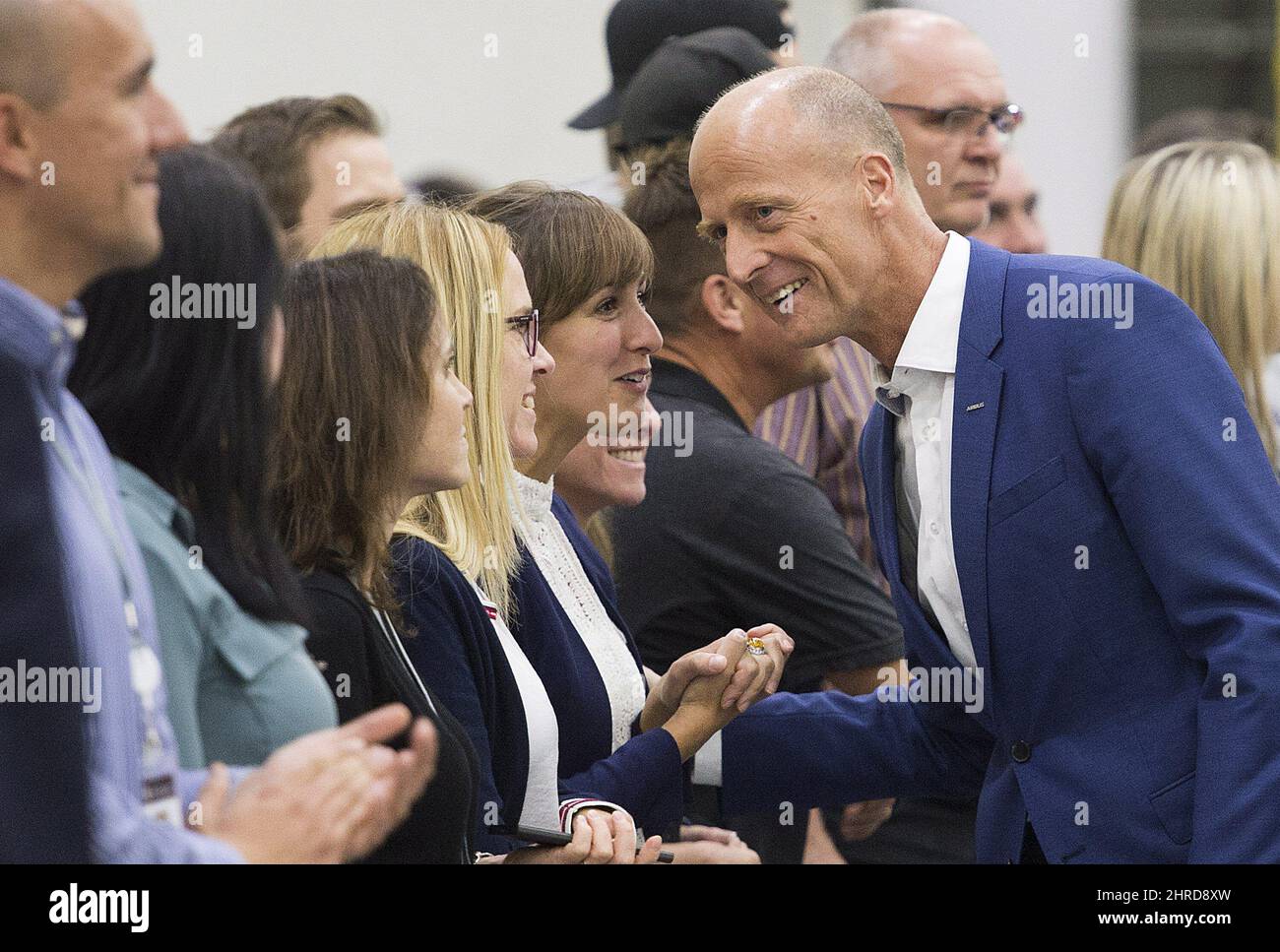 Airbus CEO Tom Enders greets Bombardier employees during a visit to ...