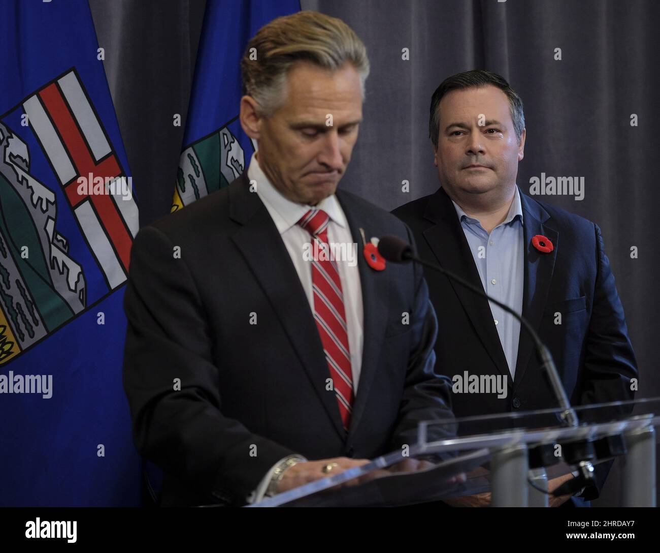 United Conservative Party leader Jason Kenney, right, looks on as MLA ...