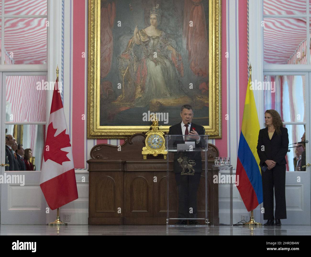 Governor General Julie Payette looks on as Colombian President Juan Manuel Santos delivers ...