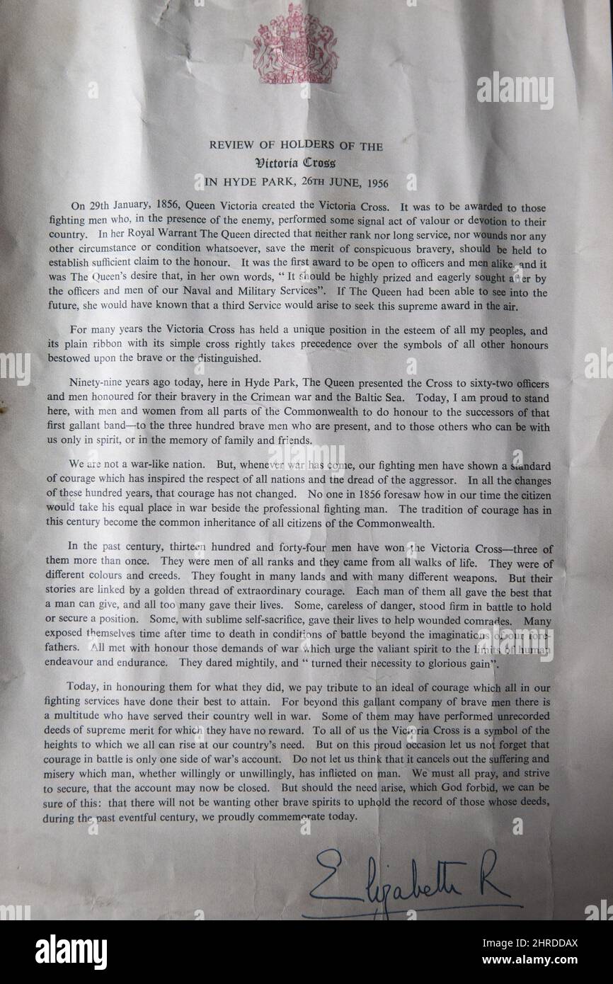 A letter signed by The Queen from a 1956 review of holders of the ...