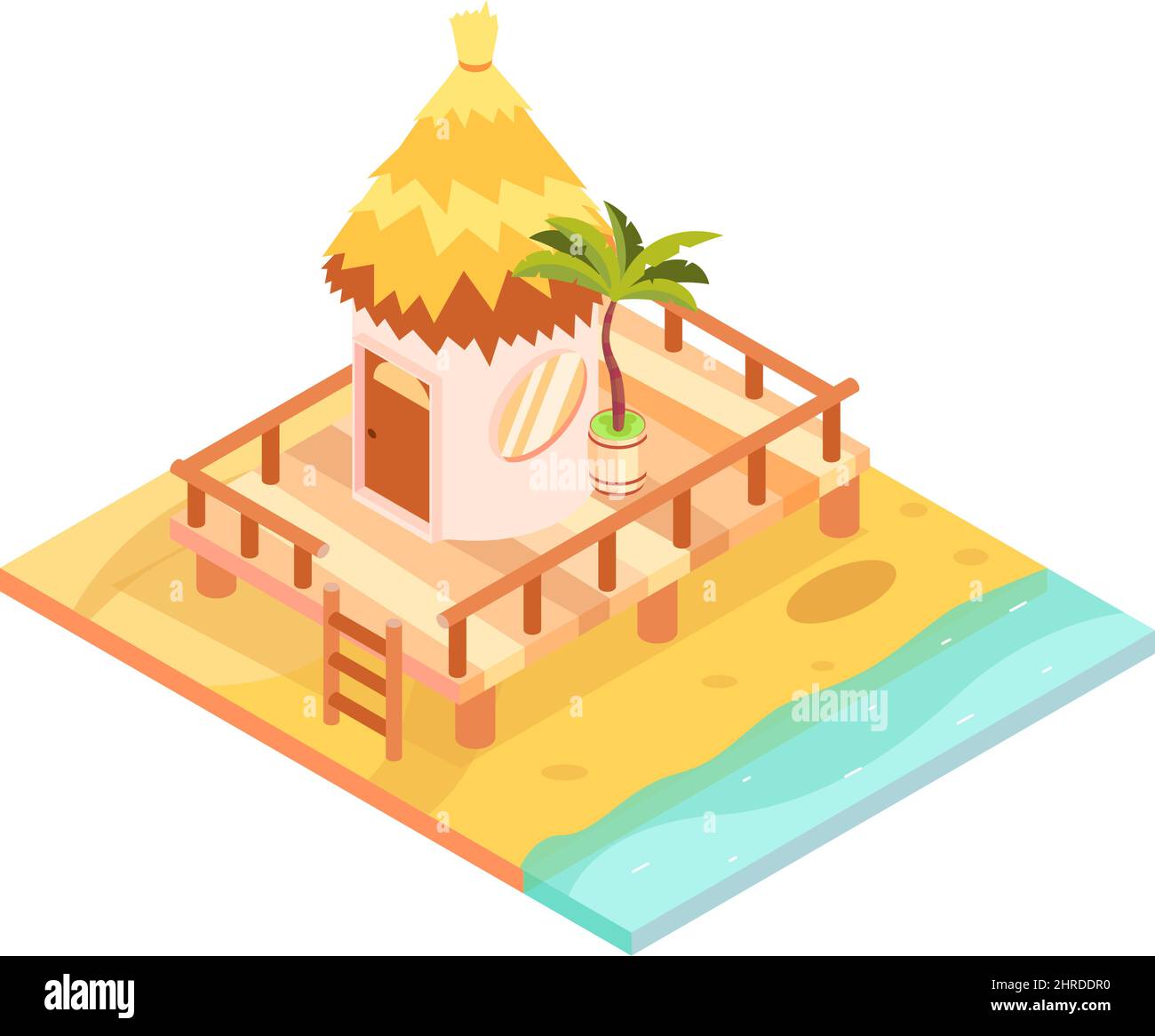 Tropical rest isometric icon with small thatched roof hut on seashore ...