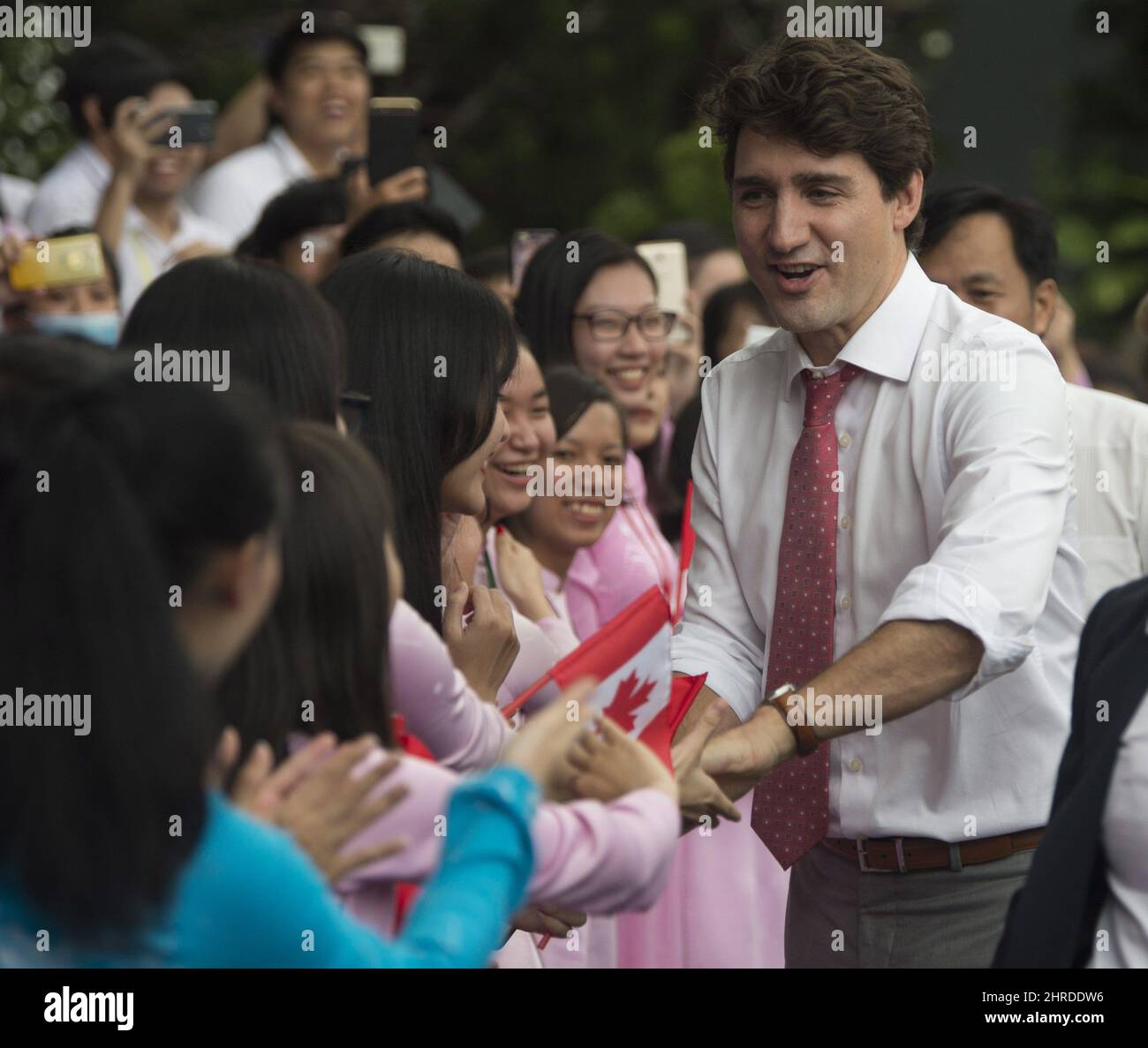 Canadian Prime Minister Justin Trudeau is greeted by students as he ...