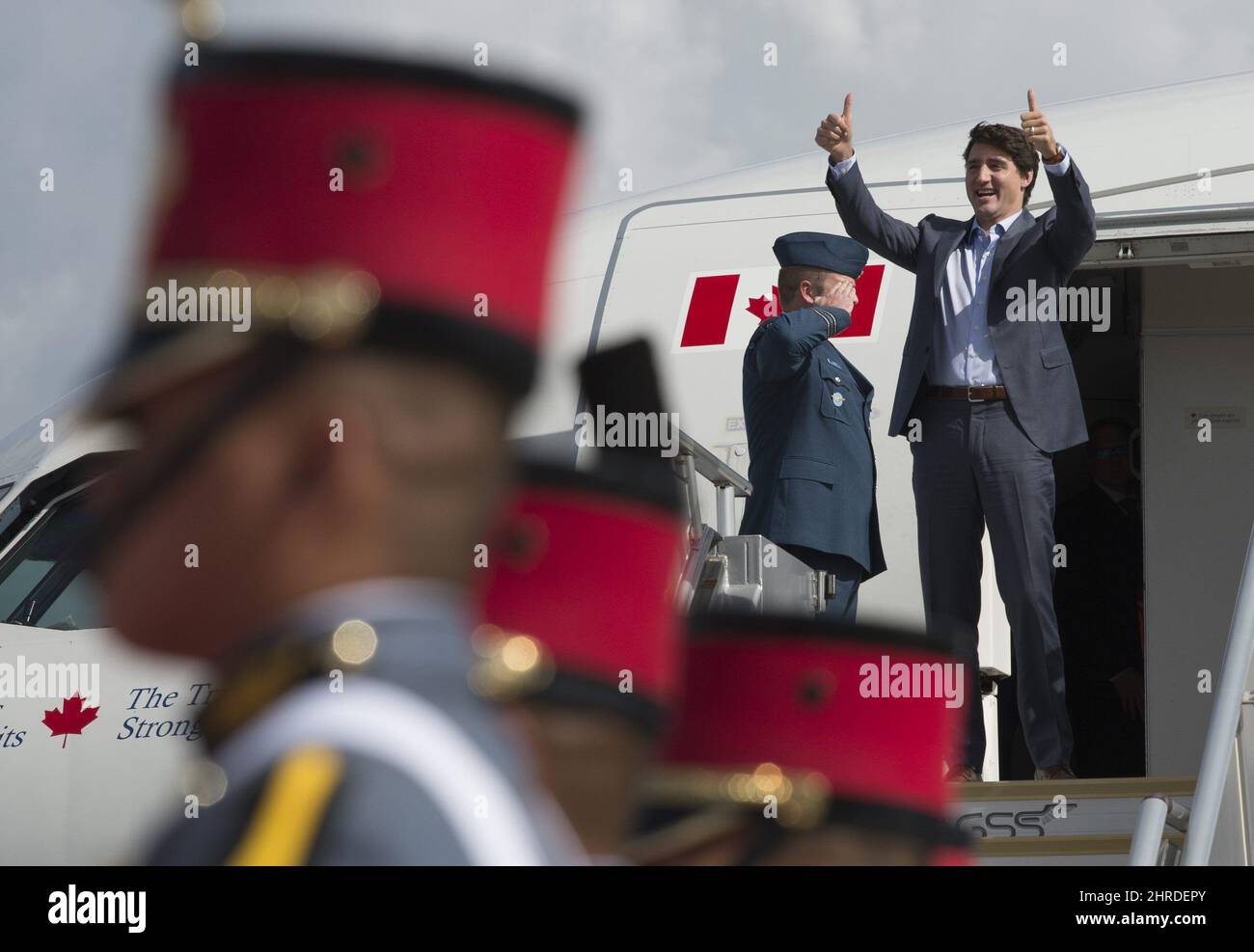 Canadian Prime Minister Justin Trudeau gives a thumbs up as he arrives ...