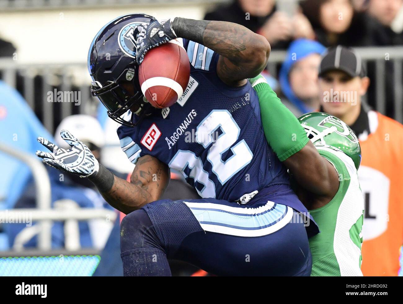 Saskatchewan Roughriders linebacker Samuel Eguavoen (47) wraps up ...