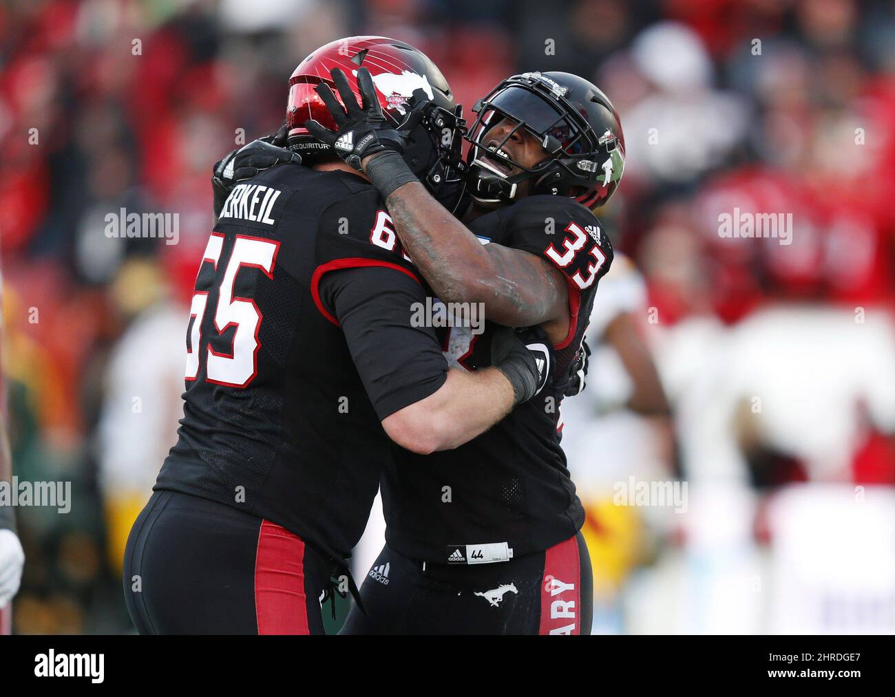 Calgary Stampeders' Jerome Messam (33) celebrates his two point ...