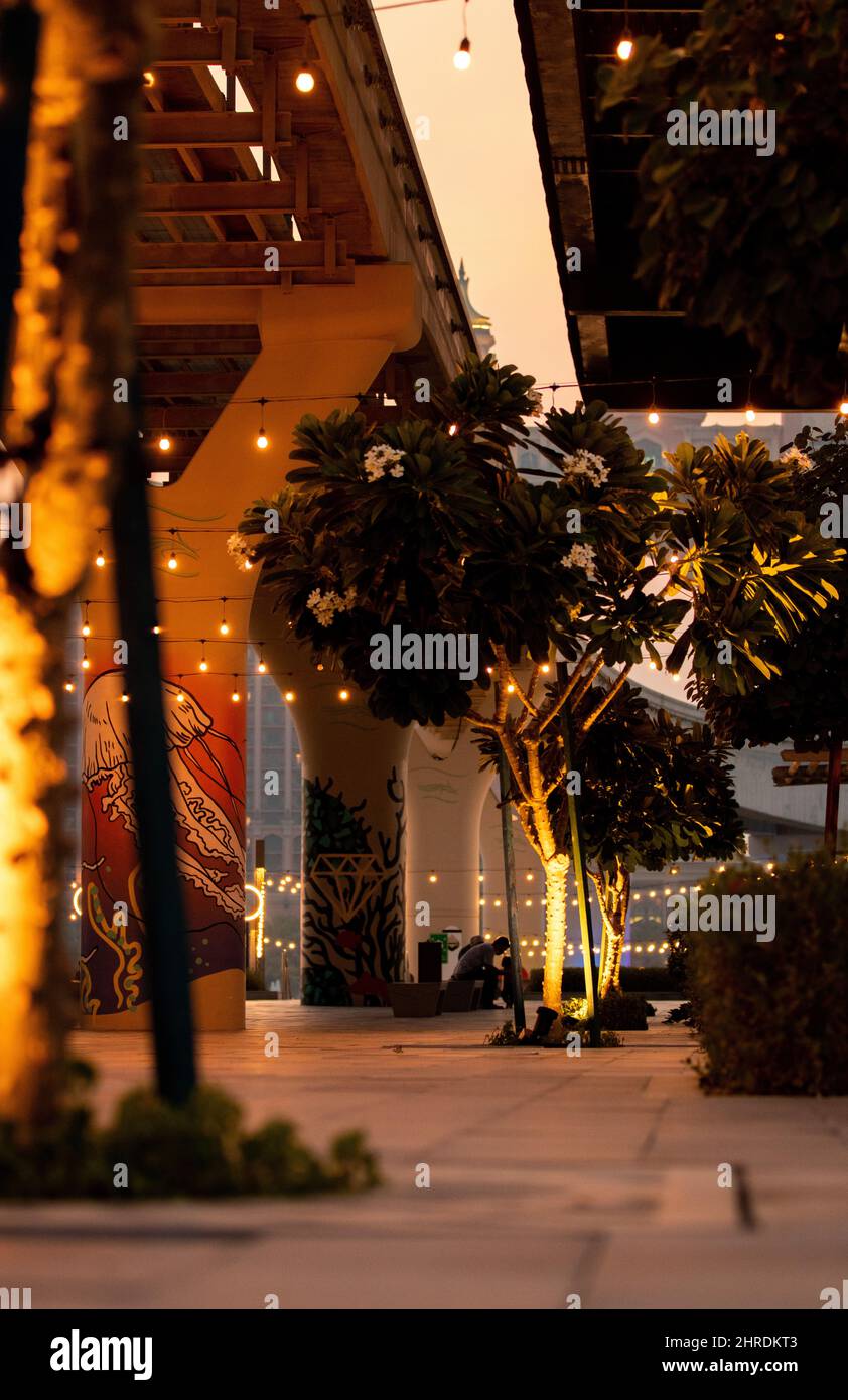 Vertical shot of a street lit up by lights at nighttime with trees all ...