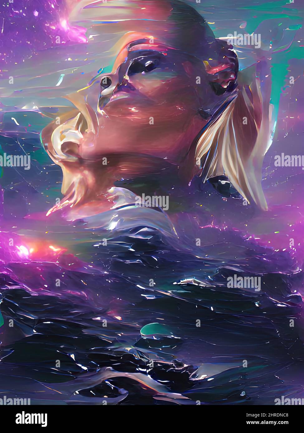 Vertical 2D illustration of an intergalactic woman in space with lights ...