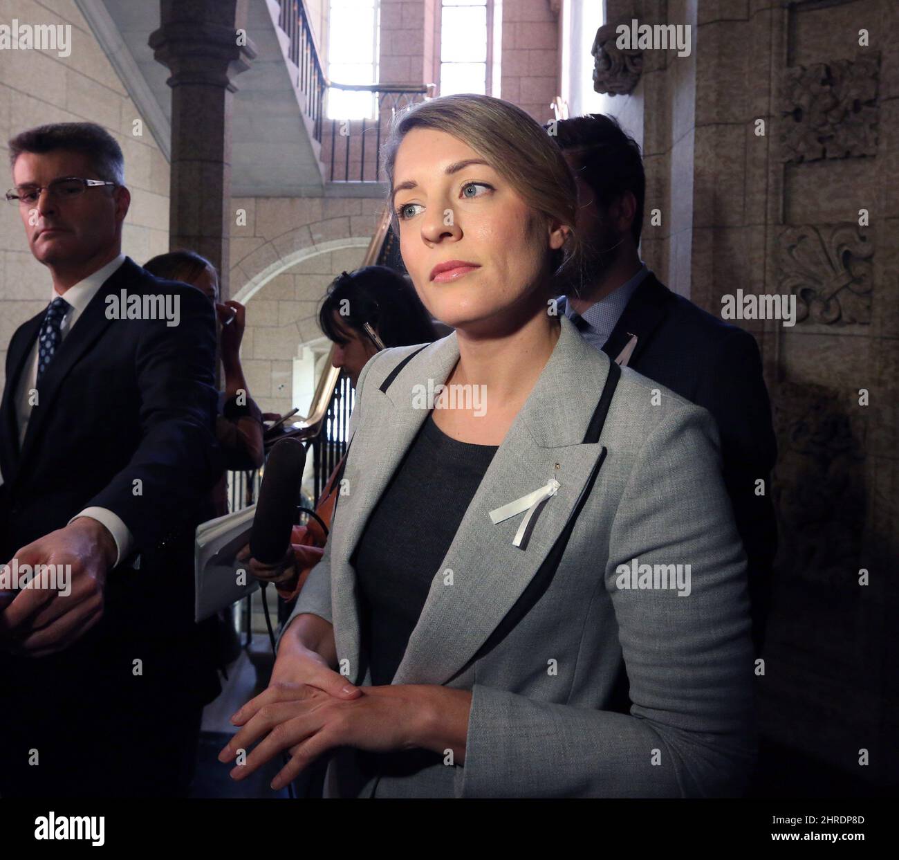 Heritage Minister Melanie Joly talks to reporters outside the House of ...