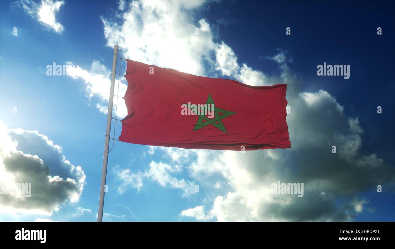 Flag of Morocco waving at wind against beautiful blue sky. 3d rendering ...