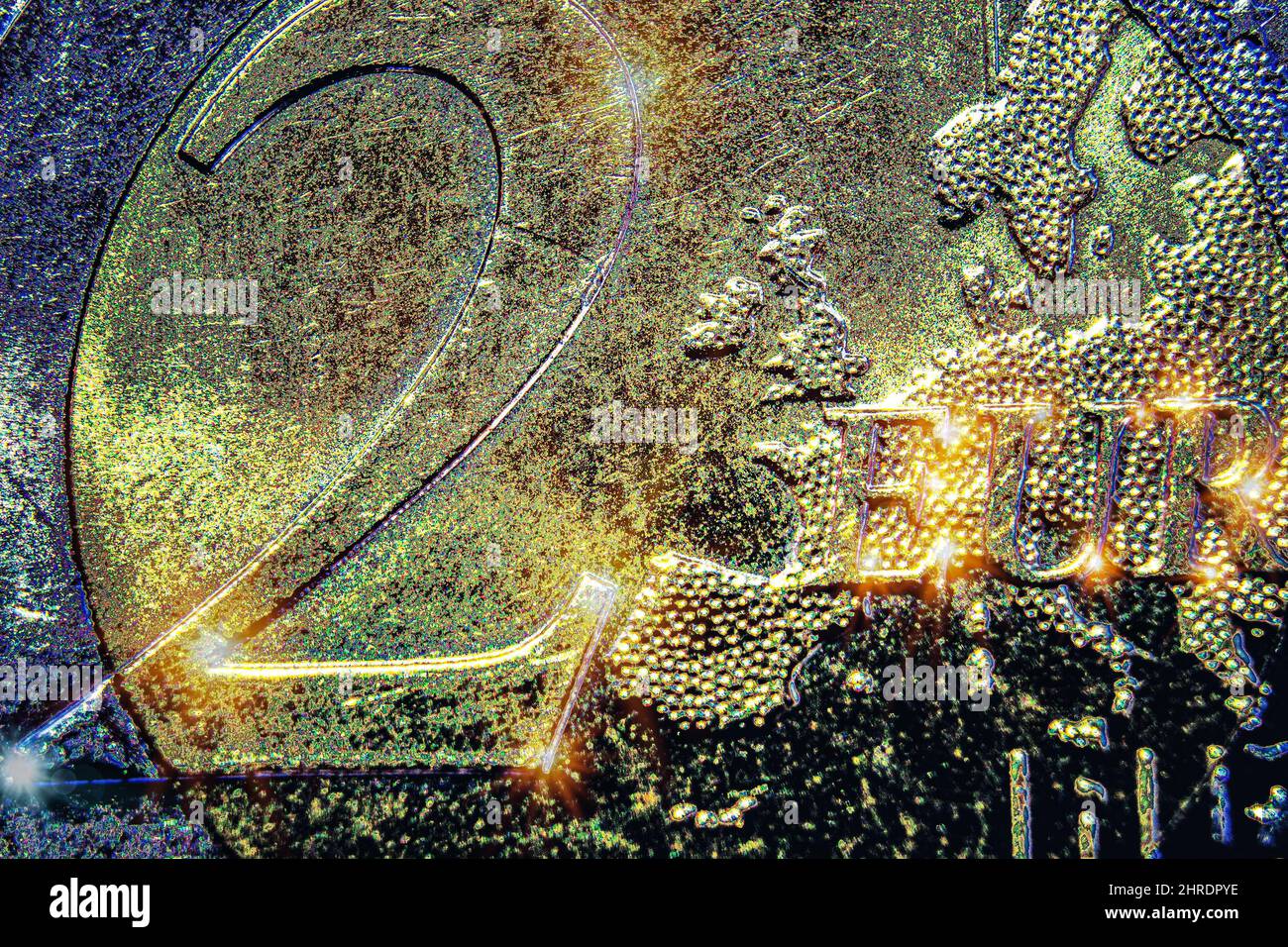 2D illustration of a 2 euro rusted gold coin with lights reflecting off ...