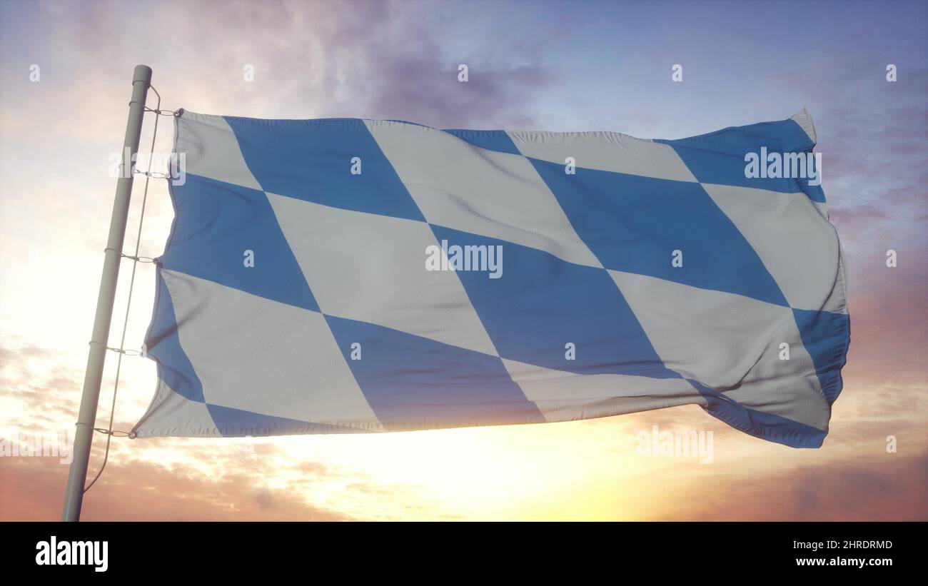 Bavaria flag, Germany, waving in the wind, sky and sun background. 3d ...