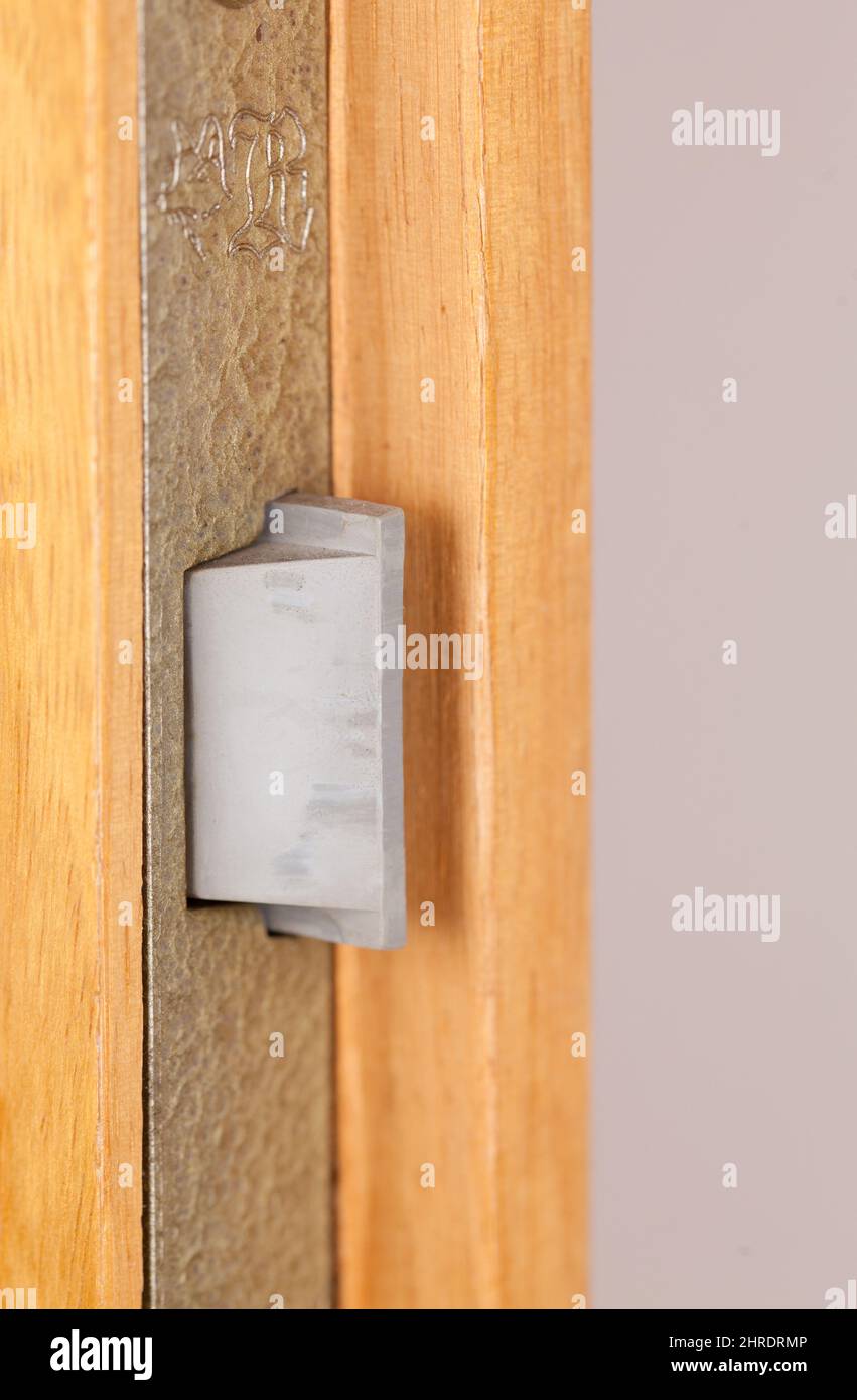 Vertical of a silver mortise lock on a light brown wooden door Stock ...