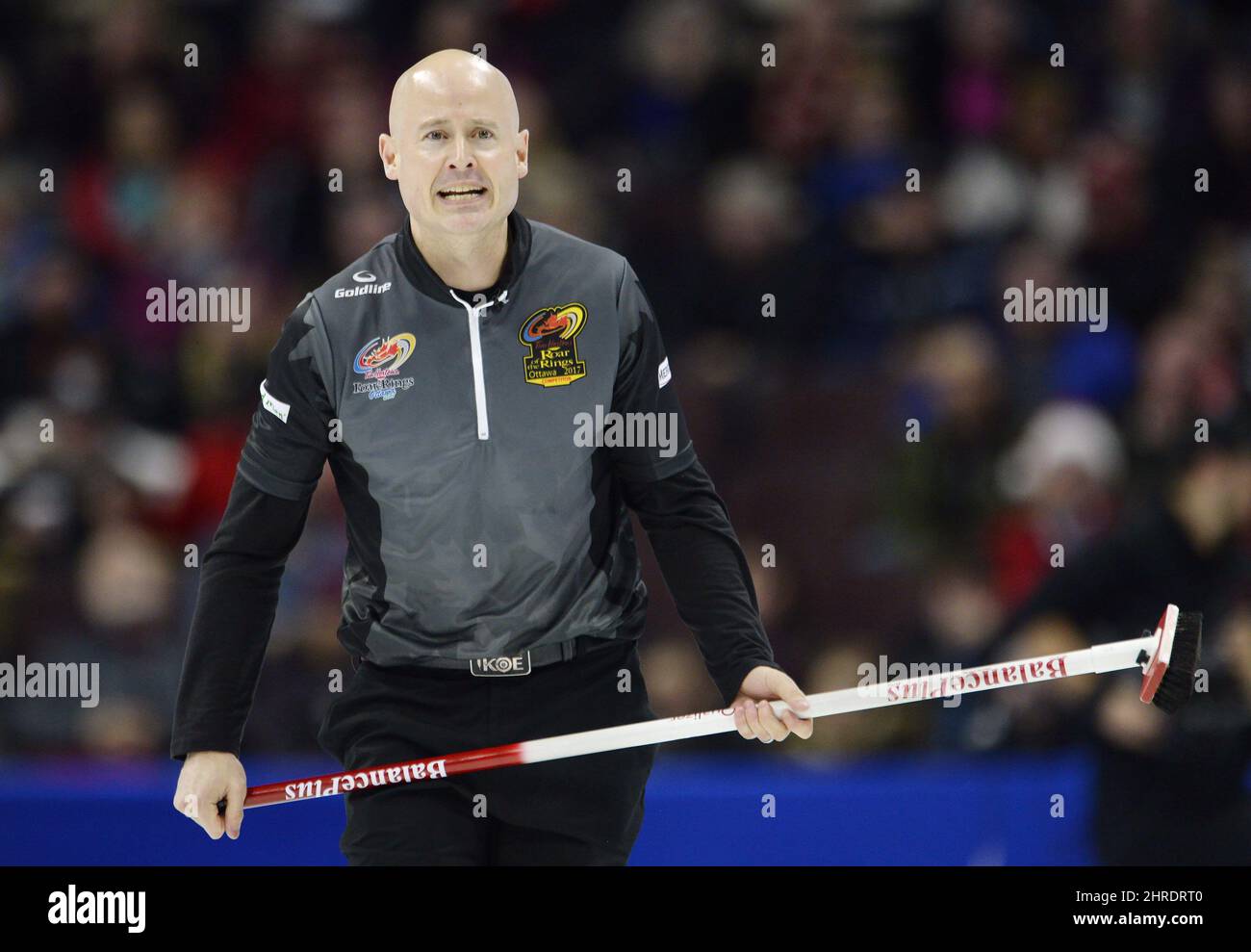 Team Koe skip Kevin Koe, from Calgary, Alta., reacts to a shot during ...