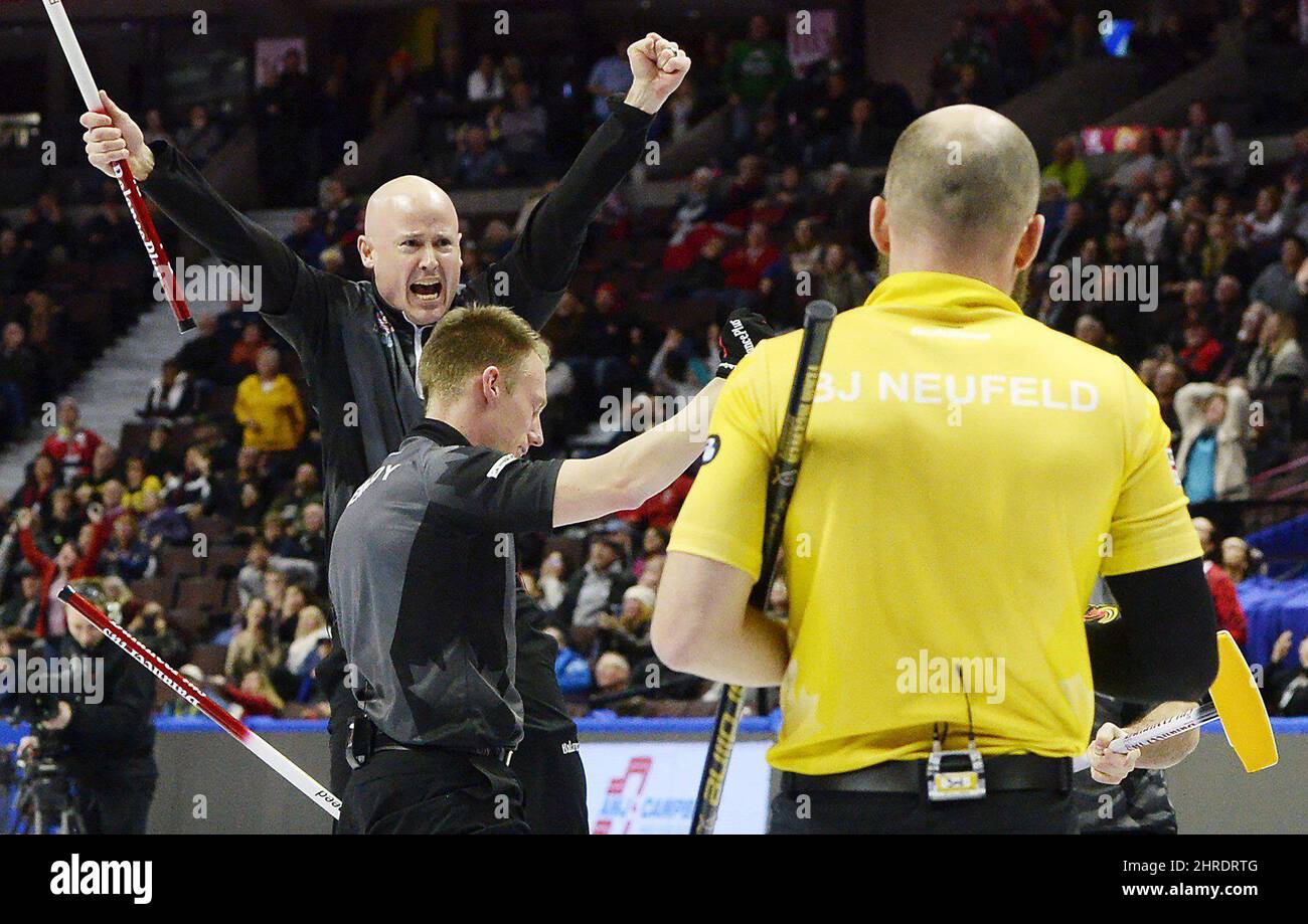 Team Koe skip Kevin Koe, from Calgary, Alta., left to right, and third ...