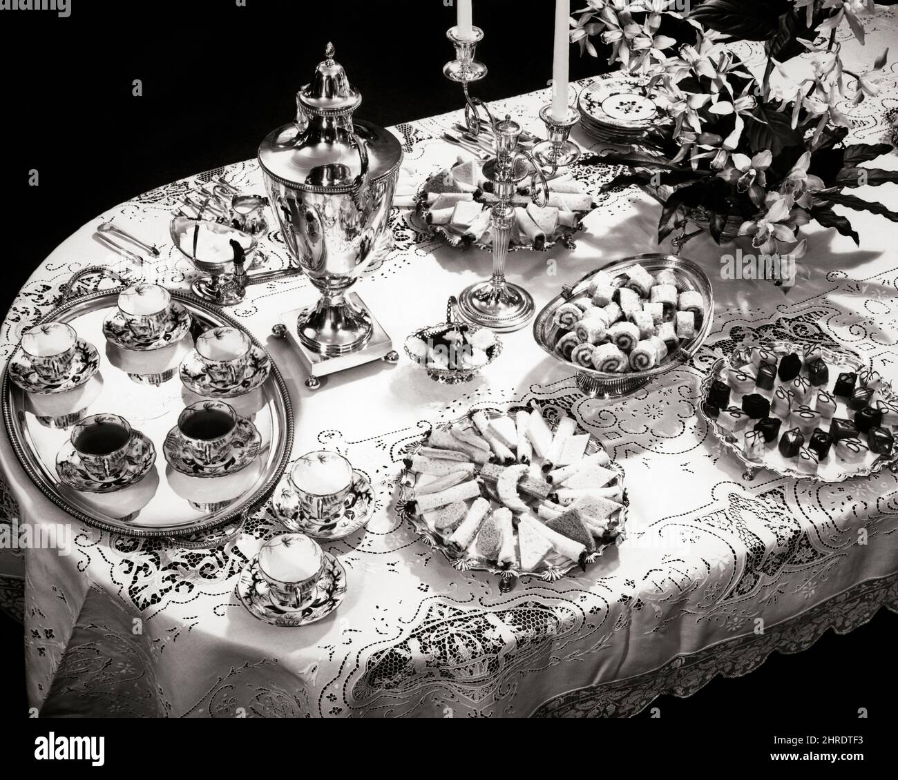 1950s TABLE SET FOR SOCIETY HIGH TEA WITH SILVER SERVICE PASTRIES ...