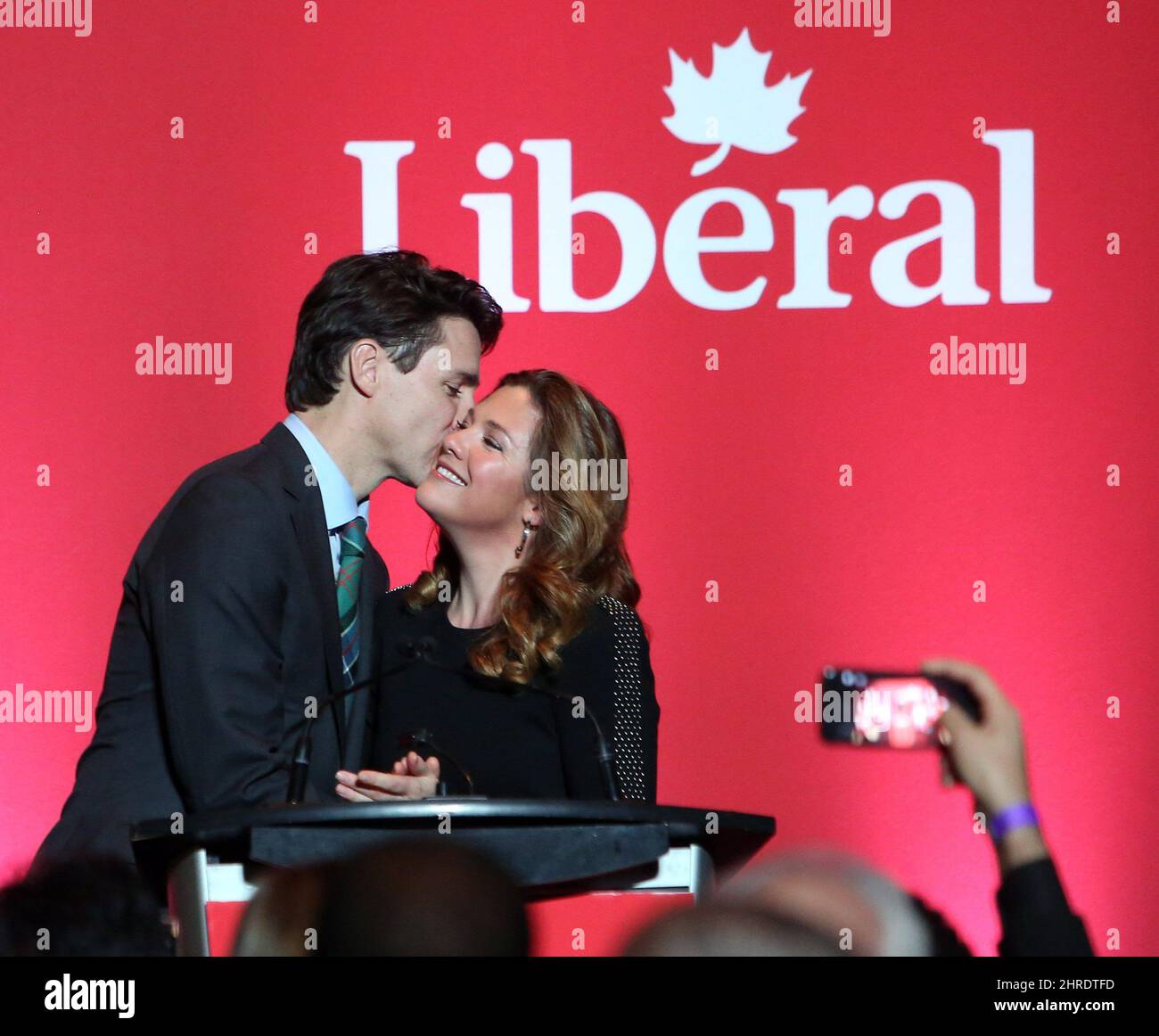 Prime Minister Justin Trudeau kisses his wife Sophie Gregoire Trudeau ...