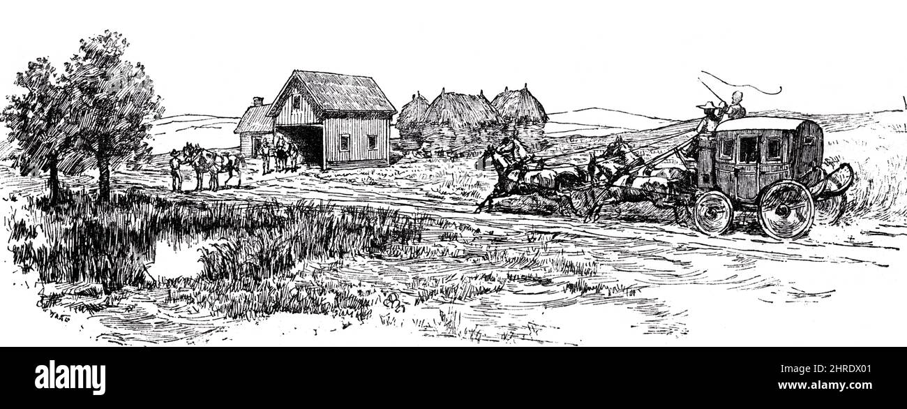 1870s 1880s MUD WAGON STAGECOACH PULLED BY FOUR HORSES ARRIVING AT WAY ...