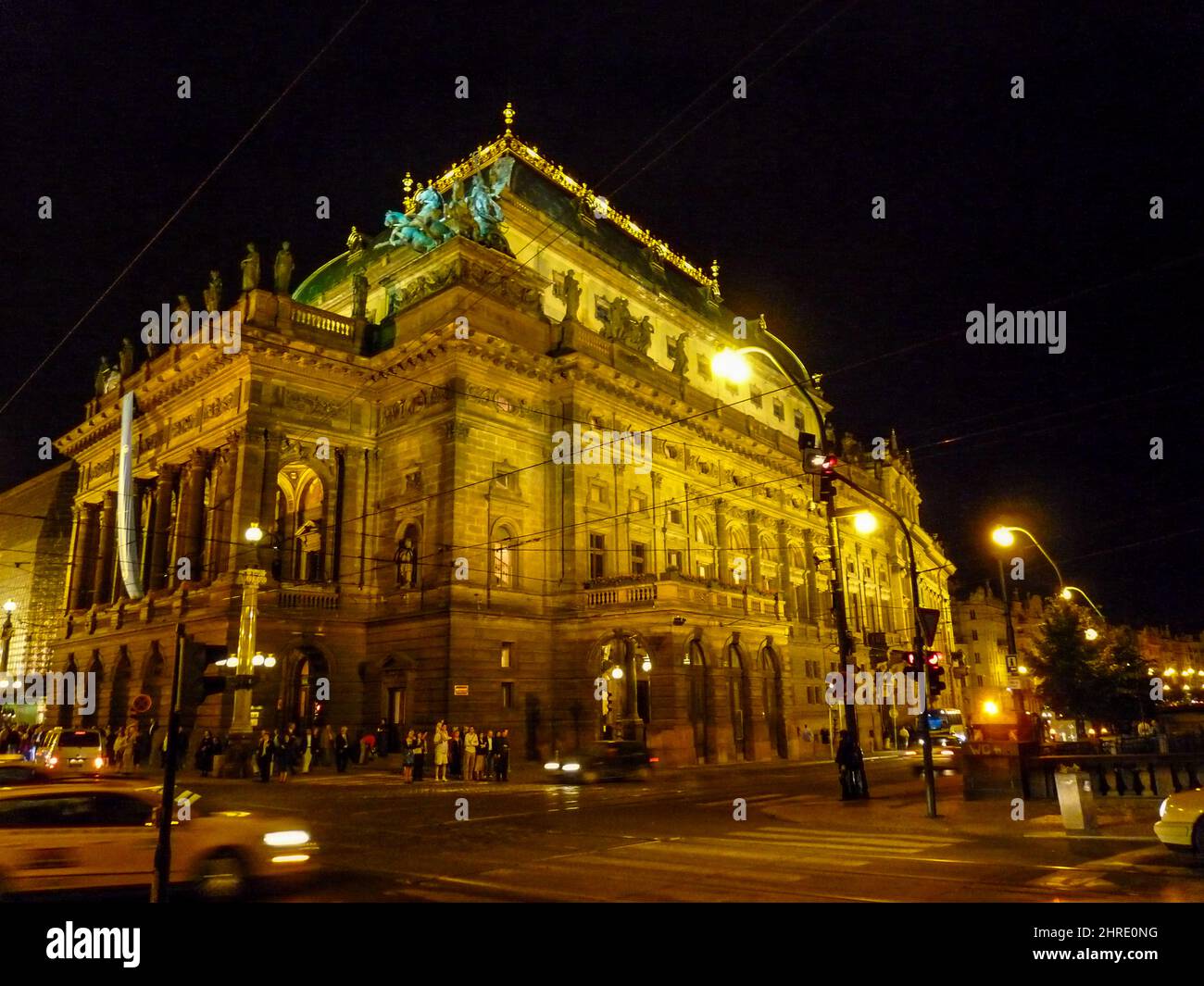 Beautiful view of the National Theatre of Prague illuminated with ...