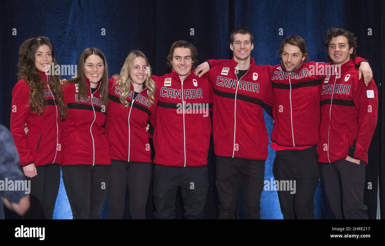 Canada's slopestyle and big air snowboard team poses for a photo after being announced during a ...
