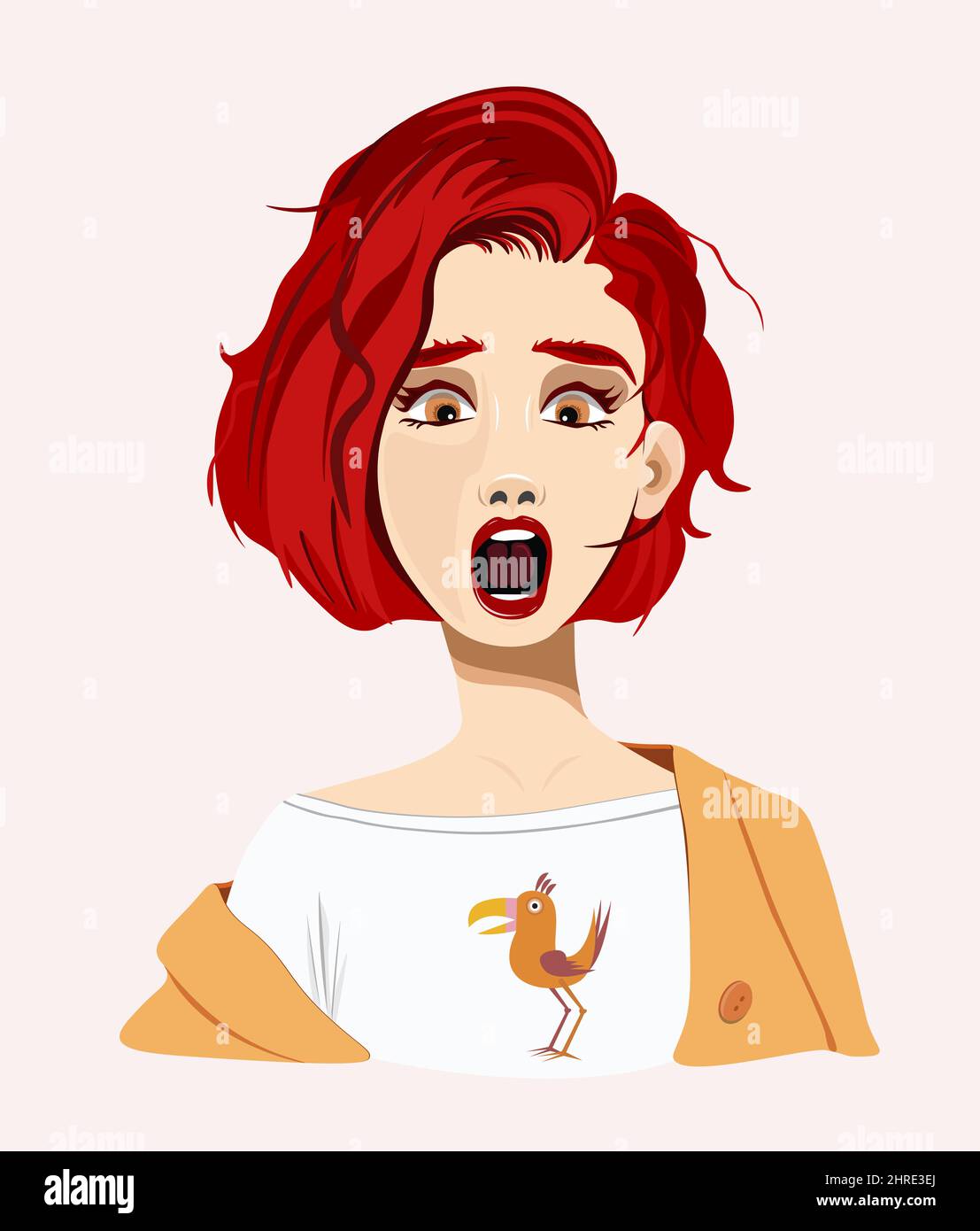 Illustration of a woman with short red hair and scared face Stock Photo ...