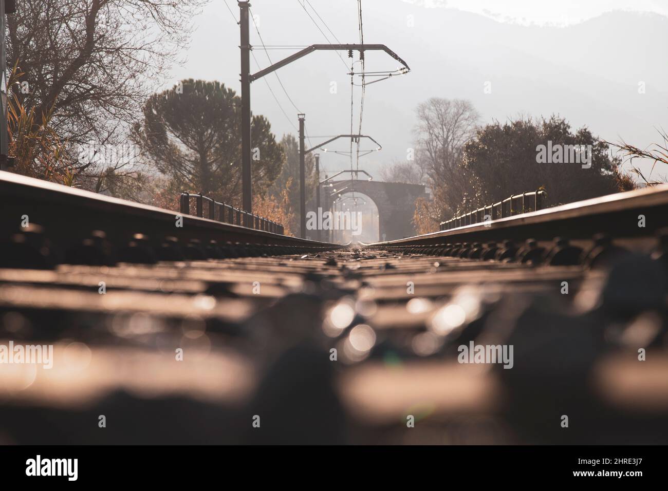 Rails of a train railway in perspective view and a tunnel among the fog ...
