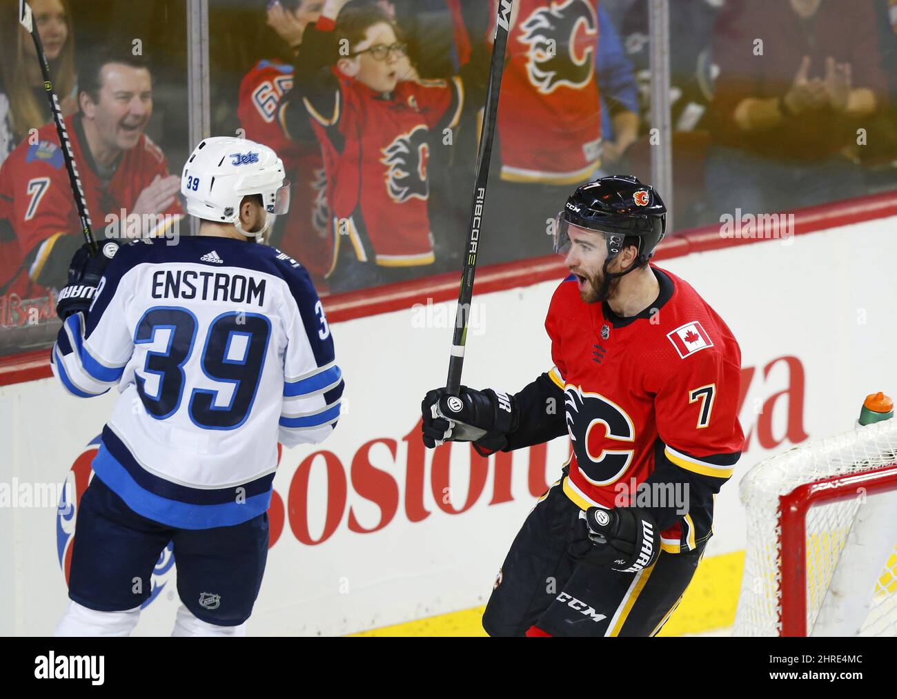 Calgary Flames' TJ Brodie (7) celebrates his goal in front of Winnipeg ...