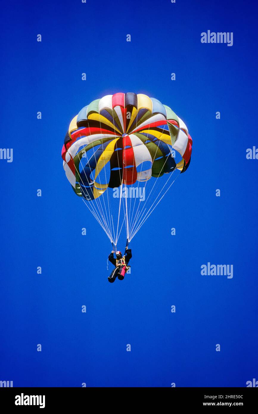 1980s UNIDENTIFIED AIR DIVING MAN USING VERY COLORFUL OLD STYLE ROUND ...