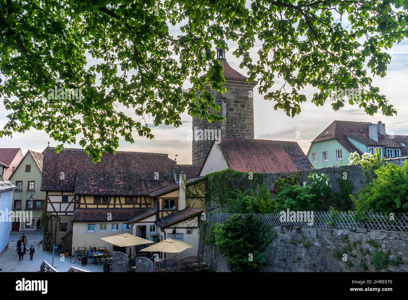 View to a gothic tower in Rothenburg ob der Tauber, Germany Stock Photo ...