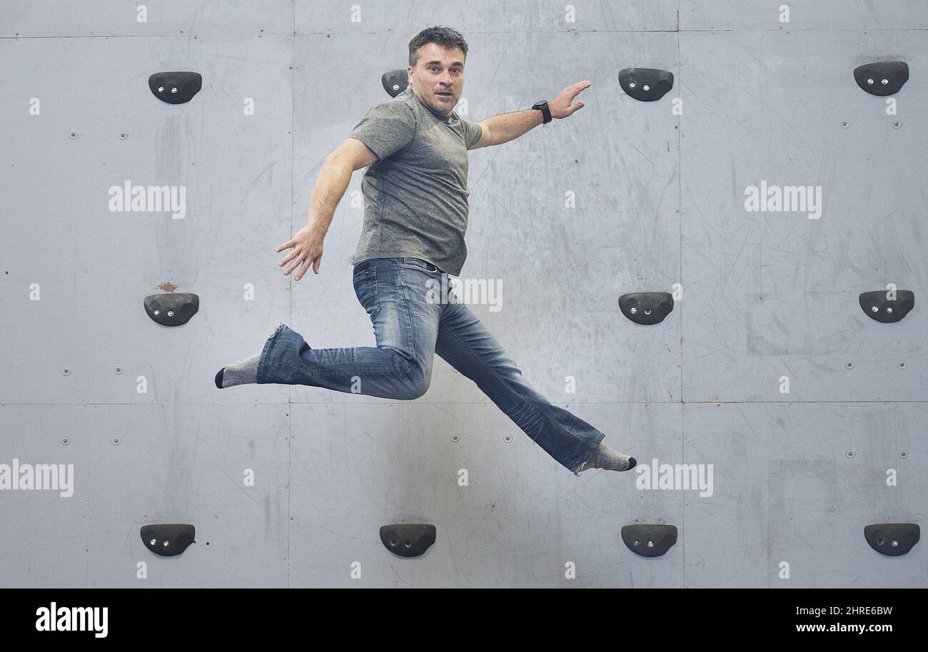 Former French freestyle skier Jean-Damien Climonet jumps on a ...