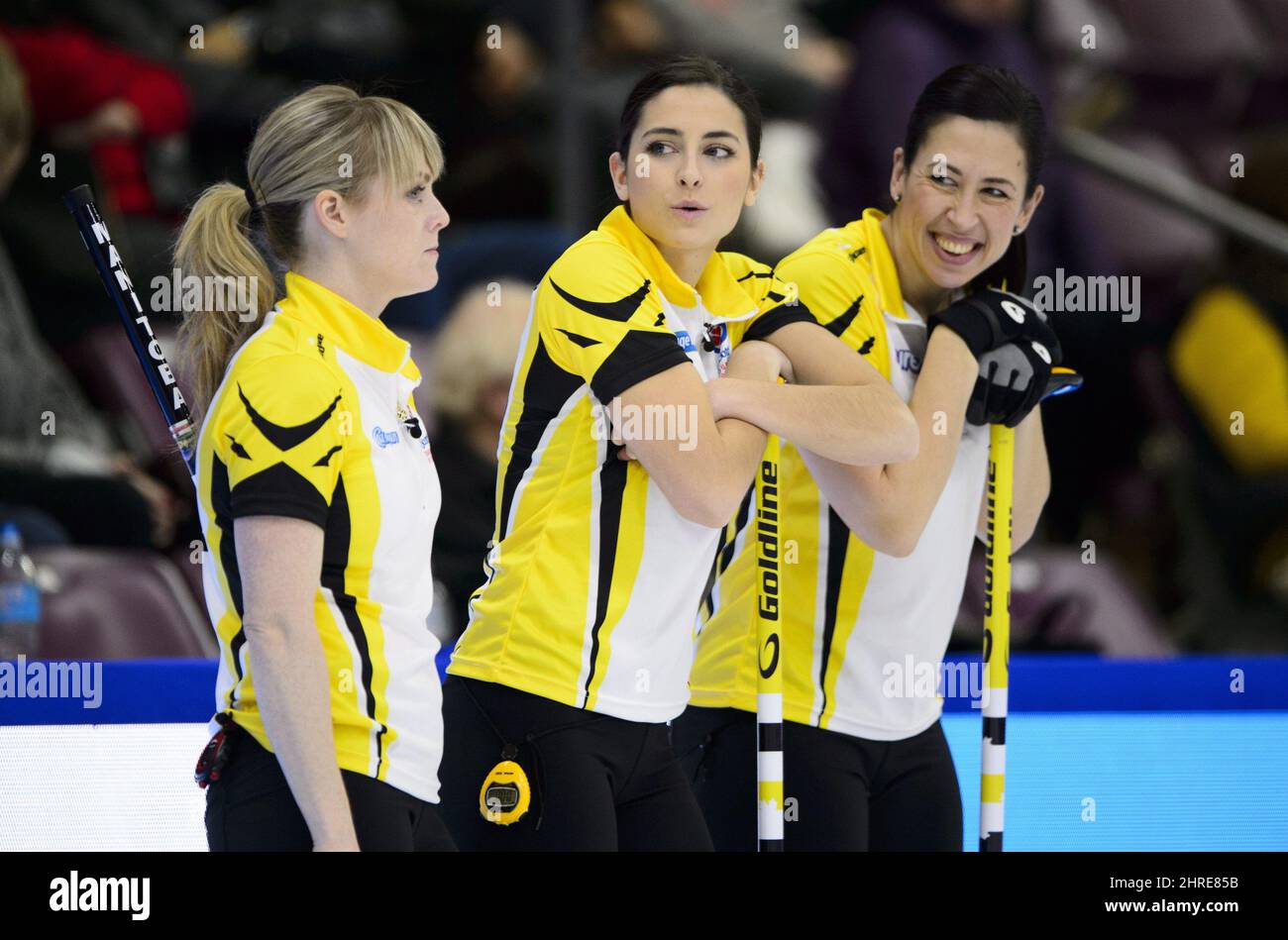 Manitoba lead Dawn McEwen, left to right, third Shannon Birchard, and ...