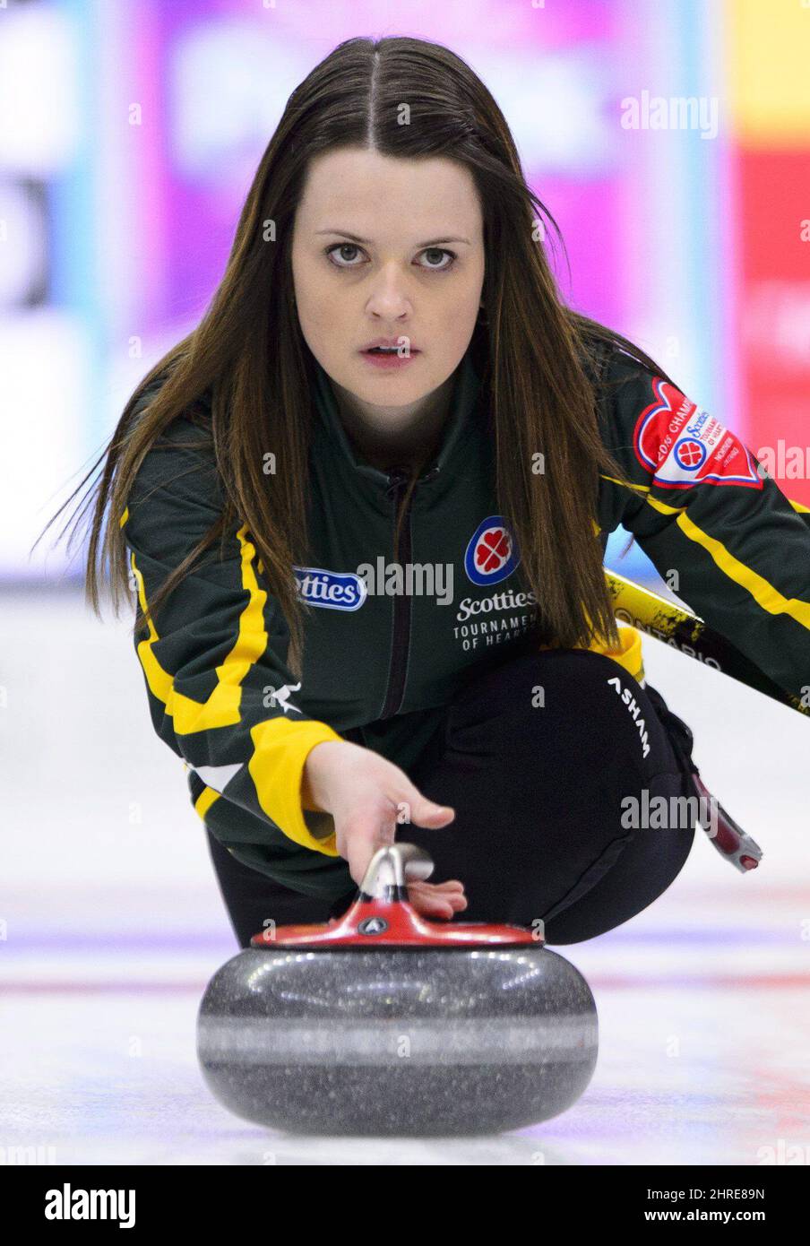 Northern Ontario skip Tracy Fleury delivers while taking on Nova Scotia ...