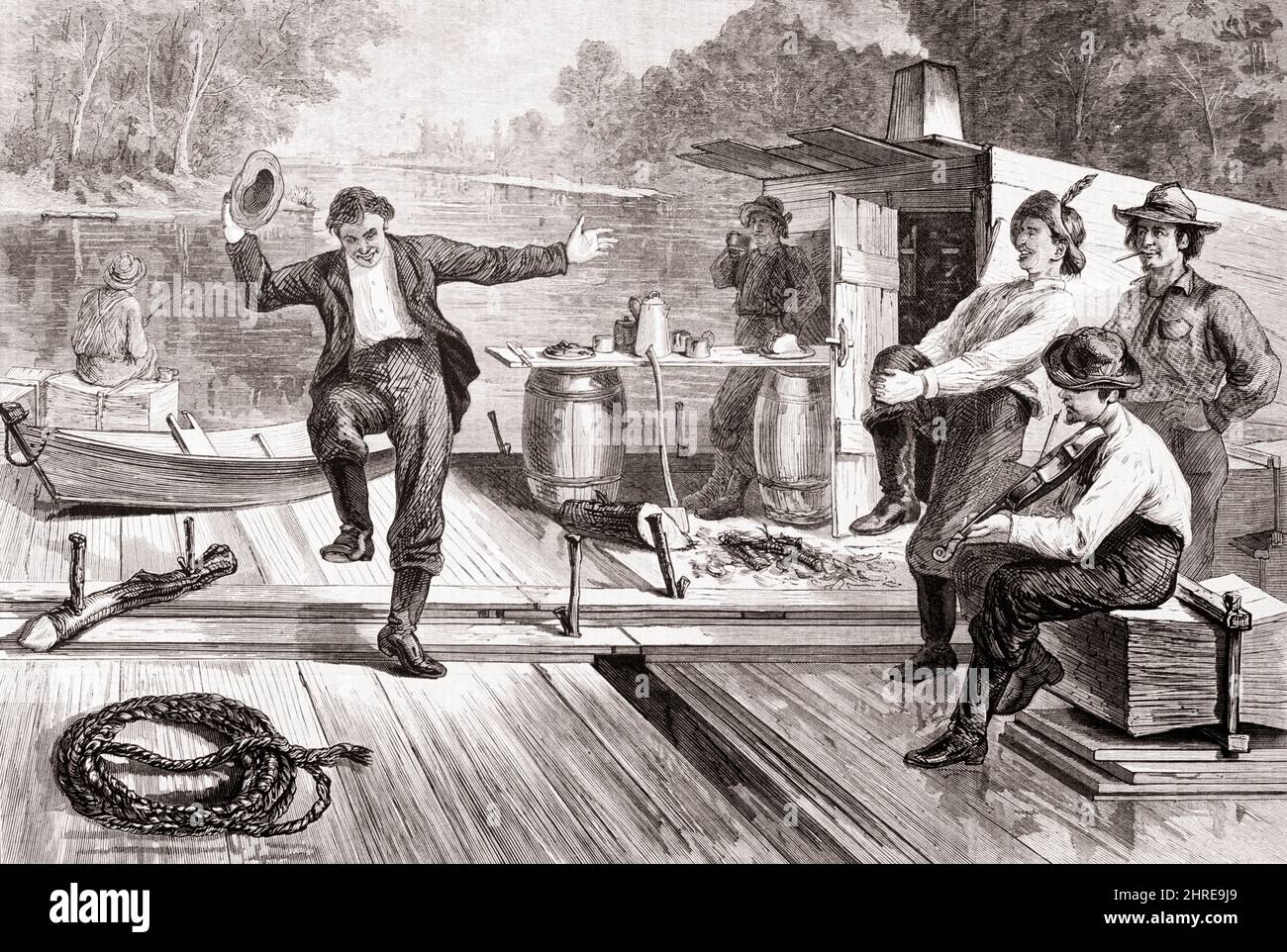 1870s LIFE ON A LUMBER RAFT WORKERS RELAXING MEN PLAYING MUSIC LAUGHING ...