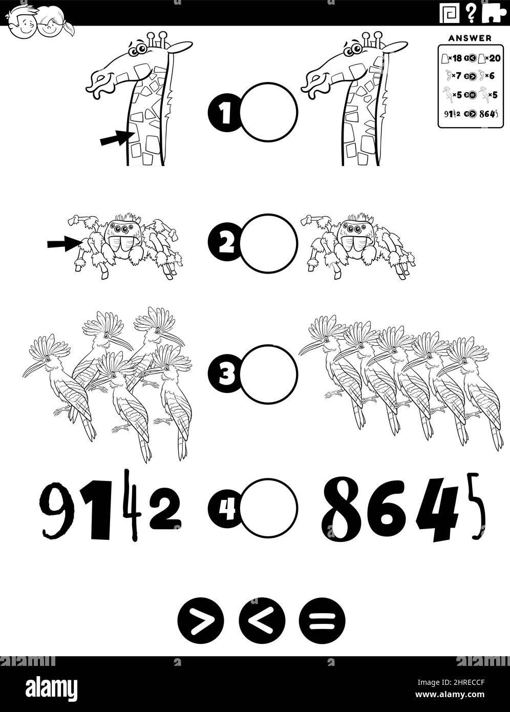 Black and white cartoon illustration of educational mathematical puzzle ...