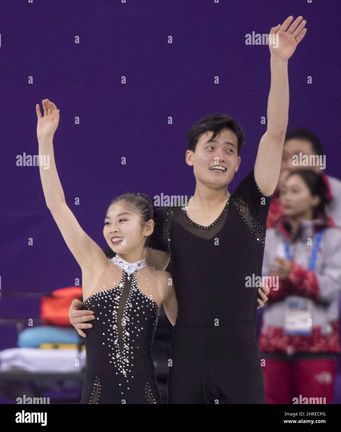 Ryom Tae Ok and Kim Ju Sik of North Korea wave to the crowd following ...