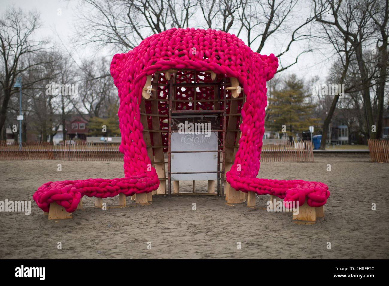A pink toque inspired"'Pussy Hut" is pictured on Toronto's beach ...