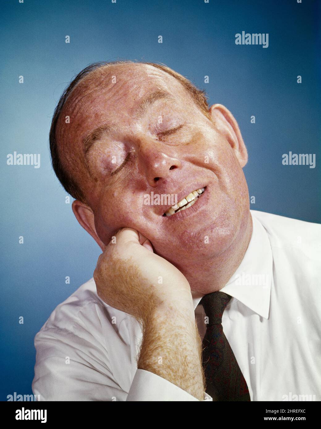 1960s 1950s 1960s BALDING MAN LEANING HEAD ON FIST IN SHIRT AND TIE ...
