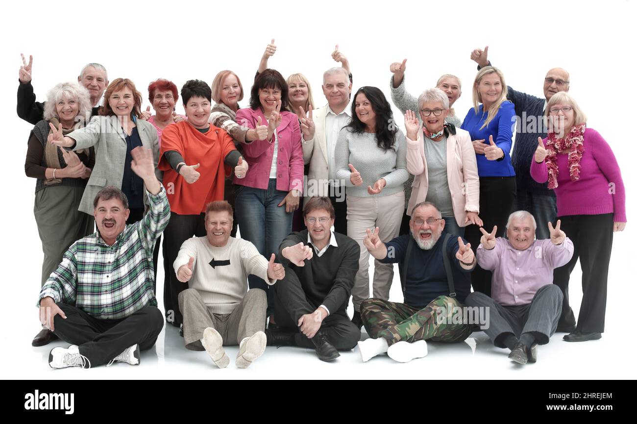Group of happy elderly people standing and sitting isolated over a ...